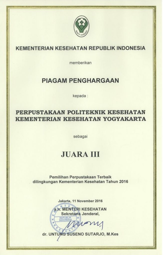 Piagam Penghargaan Perpustakaan dan Pustakawan – Perpustakaan POLKESYOGYA